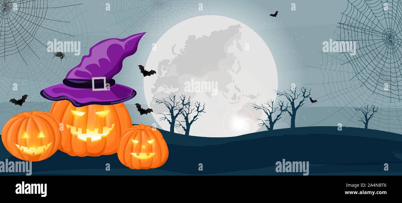 Halloween forest with pumpkins, witch hat and spider web. Full moon on ...