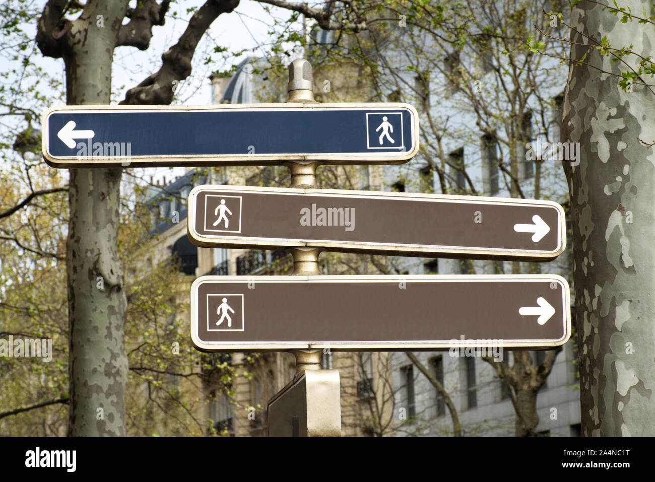 A 3-way directional sign (in Paris) for pedestrians with no text. With ...