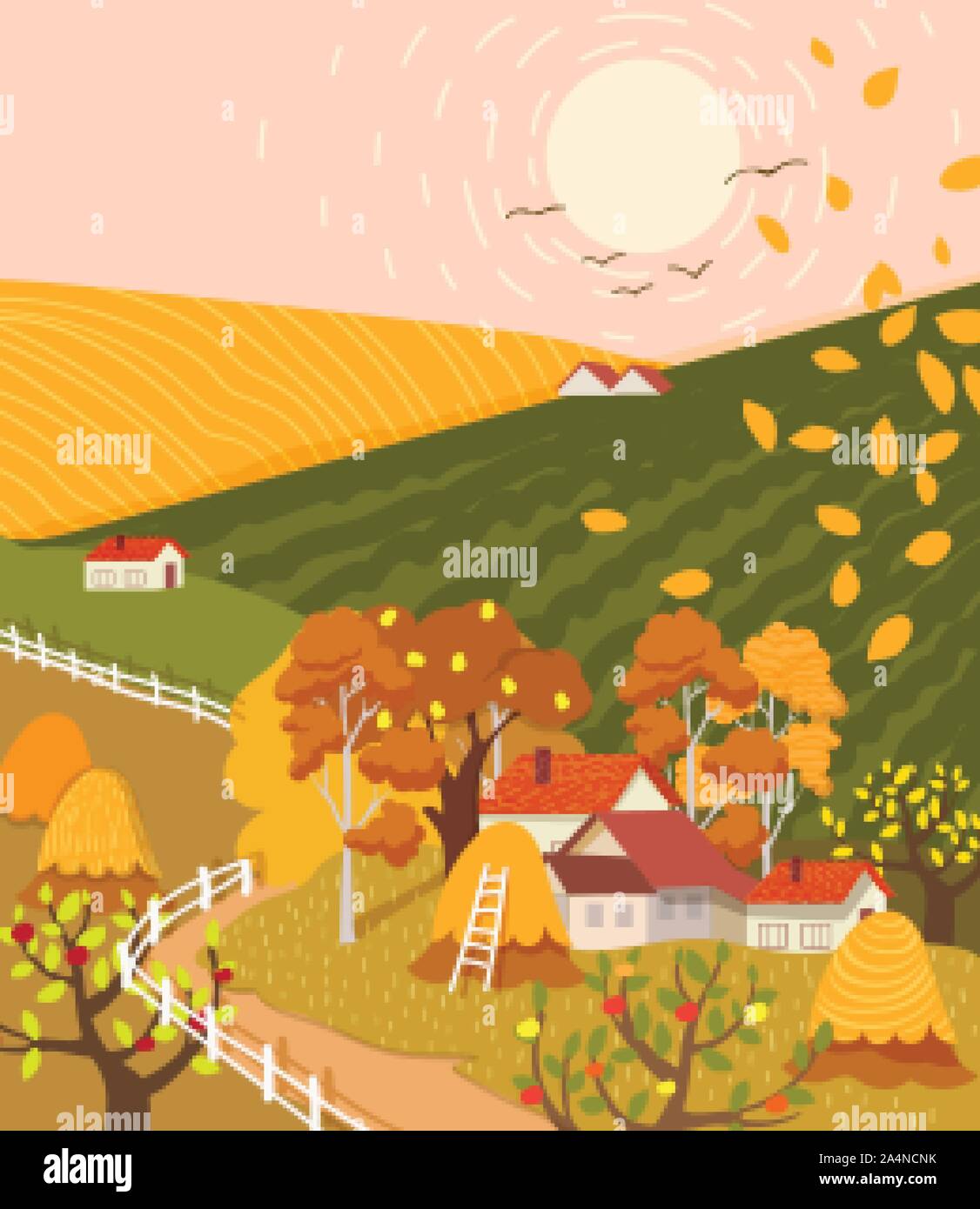 Cartoon flat village with colorful scenery. Autumn season fields and ...