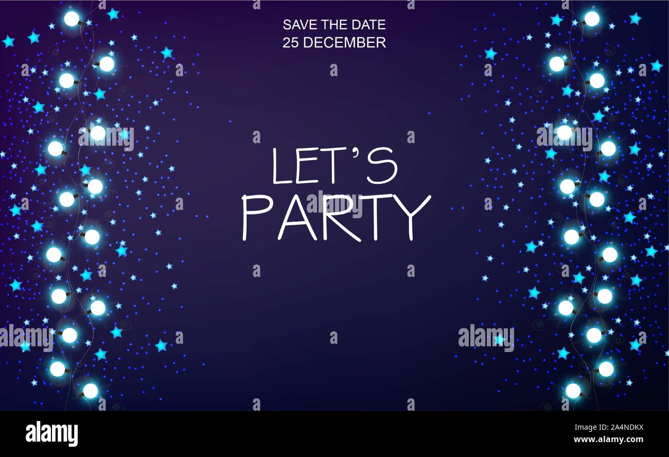 Christmas party invitation with blue stars and magic background. Fairy ...