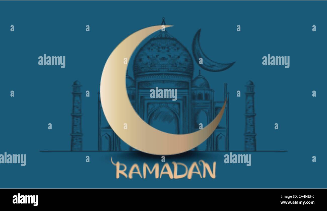 Mosque with moon Vector line art. Retro vintage old effect style Stock ...