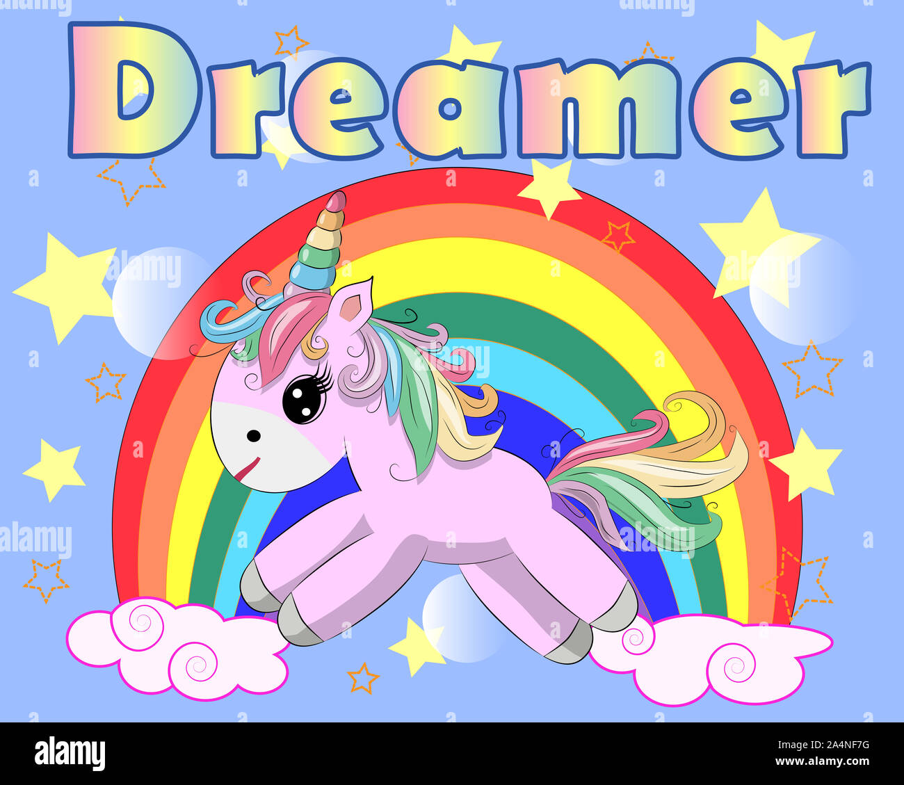 Pink unicorn on a rainbow. Child illustration, fairy-tale character ...