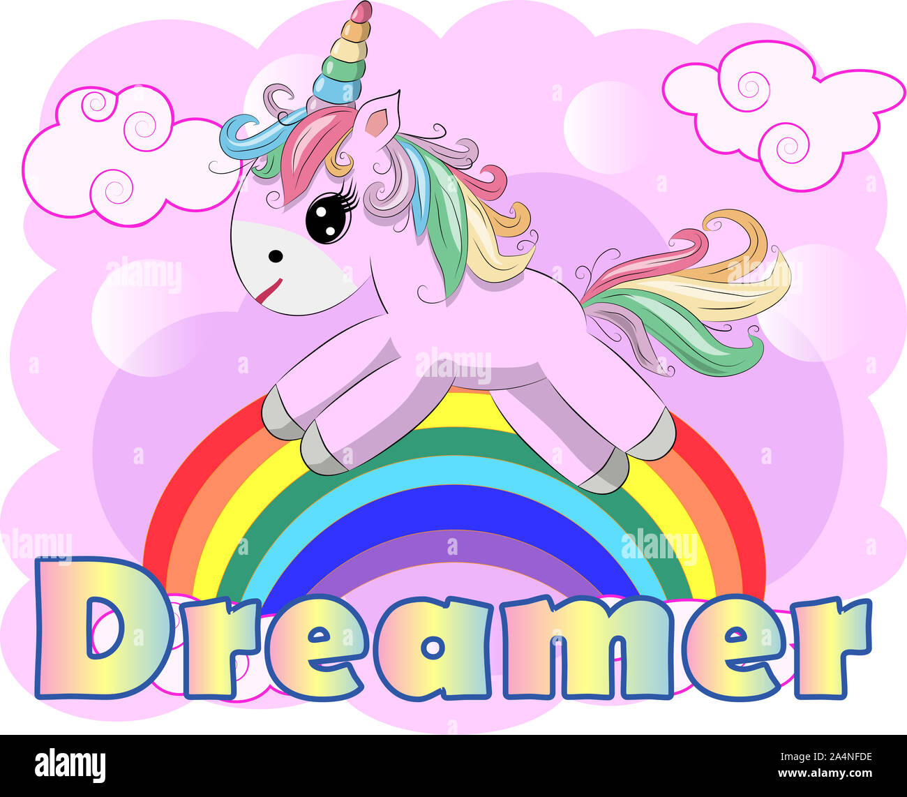 Pink unicorn on a rainbow. Child illustration, fairy-tale character ...