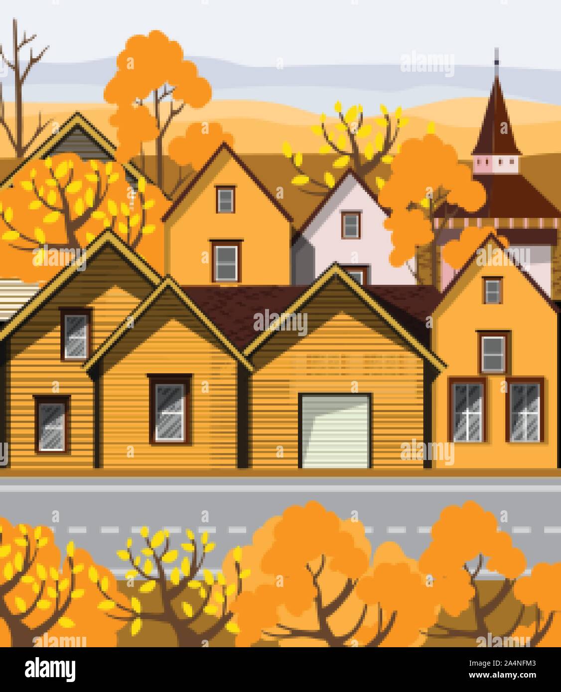 Old retro town with yellow buildings and cobblestone paved road in ...