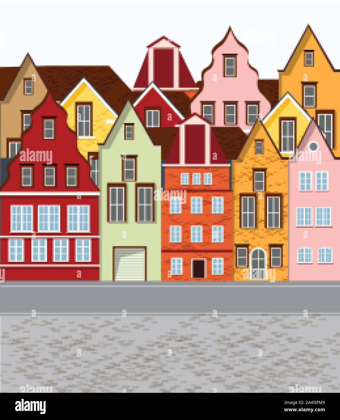 Old retro town with colorful buildings and cobblestone paved road in ...