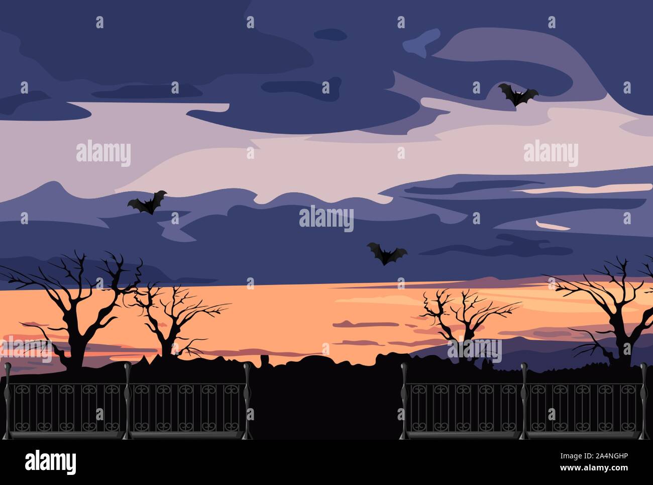 Sunset before halloween party with bats, forest and clouds. Flat style ...