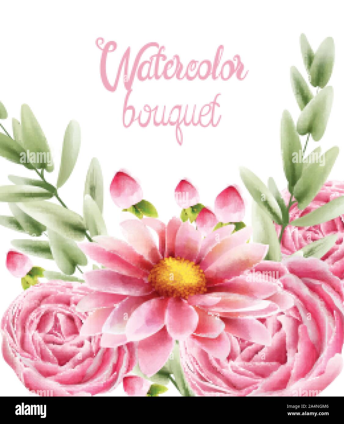 Watercolor bouquet of rose daisy flowers with leaves. Greeting card ...