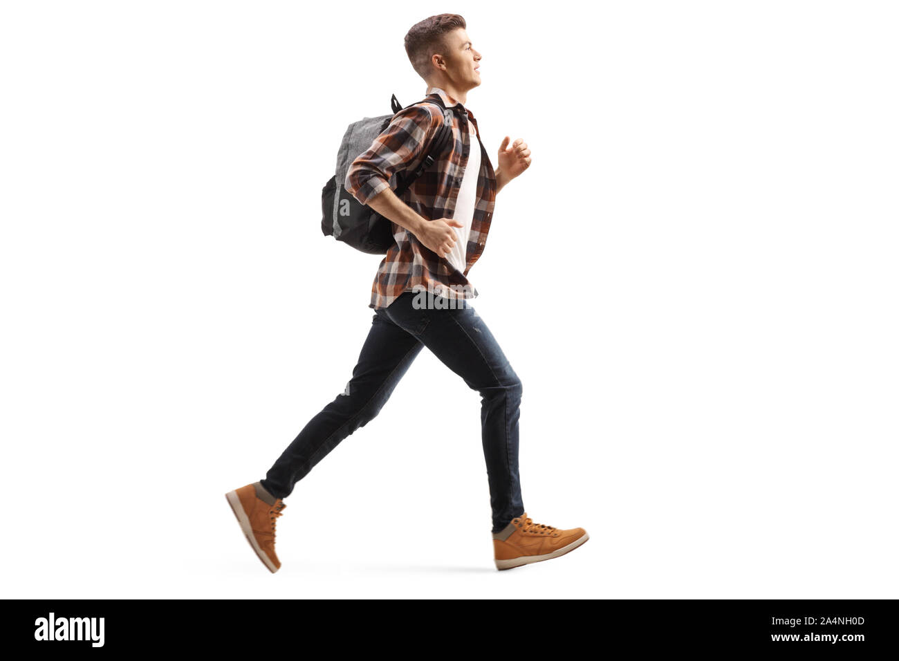 Full length profile shot of a male teen student running isolated on ...