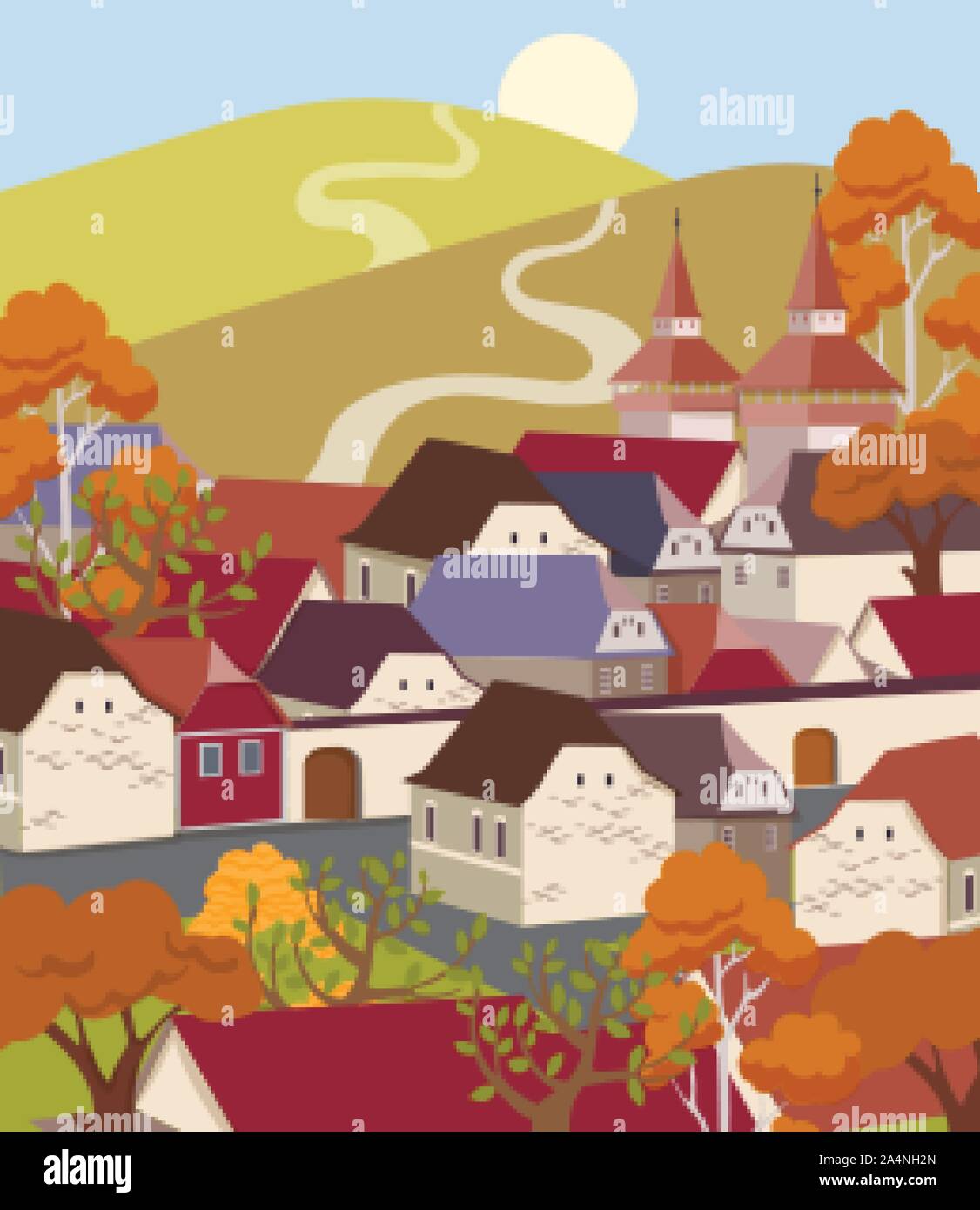 Cartoon flat old town with colorful scenery. Autumn season fields and ...