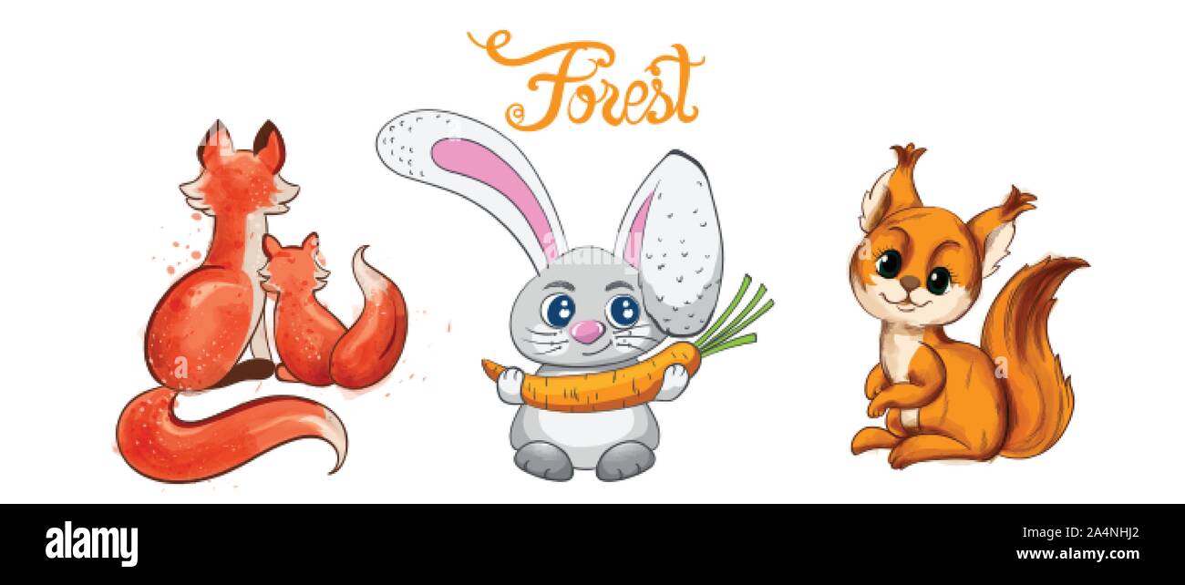 Collage of Cartoon fox and rabbit smiling with carrot vector. Forest ...