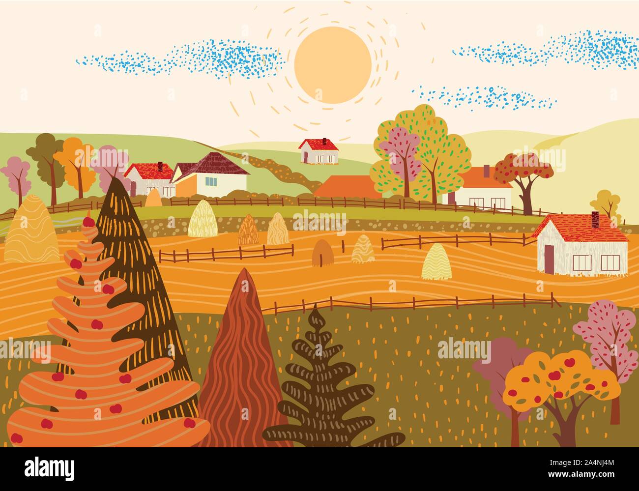 Cartoon flat village with colorful scenery. Autumn season fields and ...
