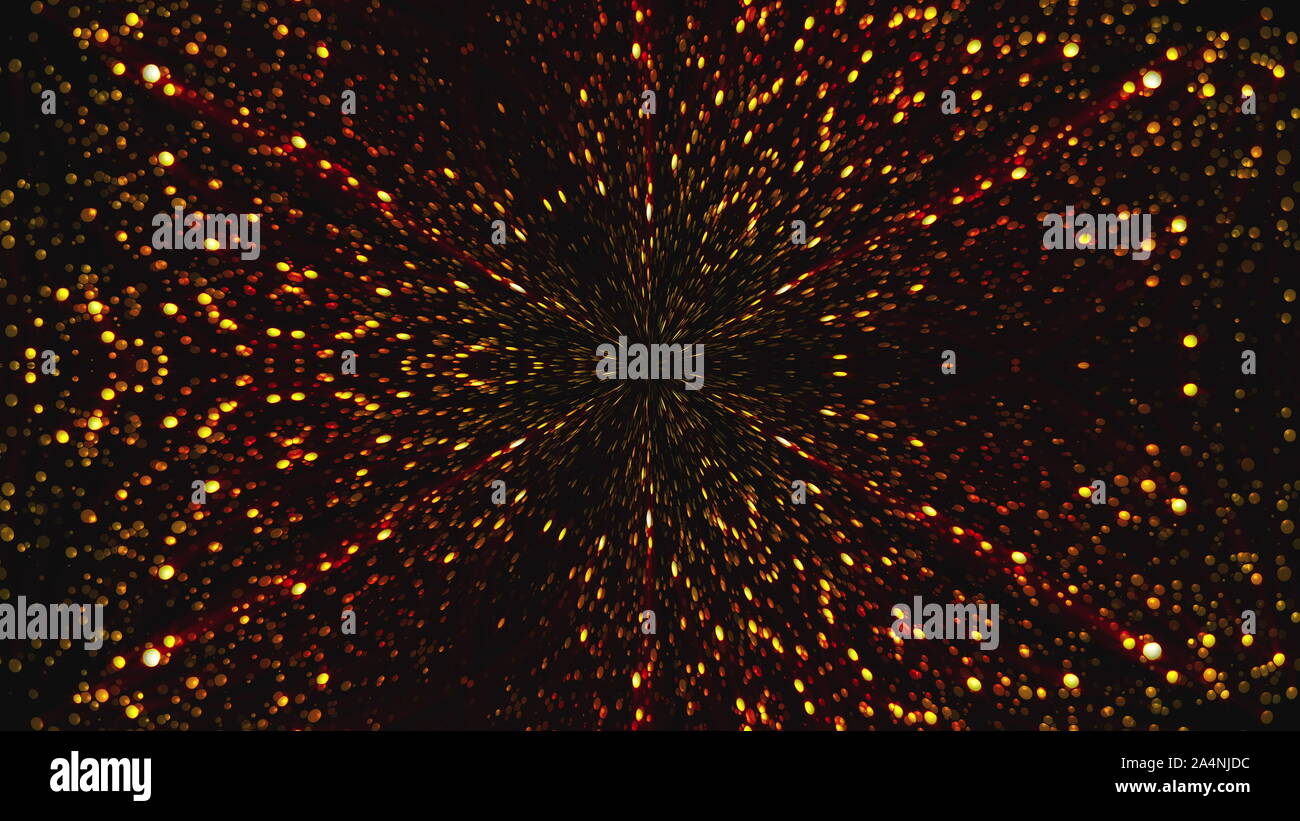 3D rendering radiation from the center of golden particles on a black ...