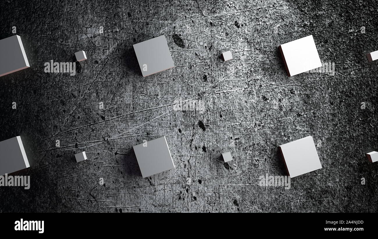 Computer generated rows of large and small cubes on a gray grunge ...