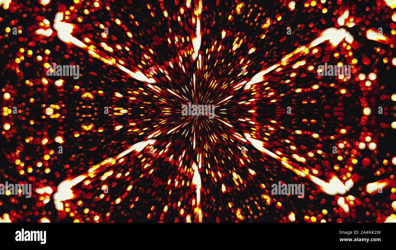 3D rendering radiation from the center of golden particles on a black ...