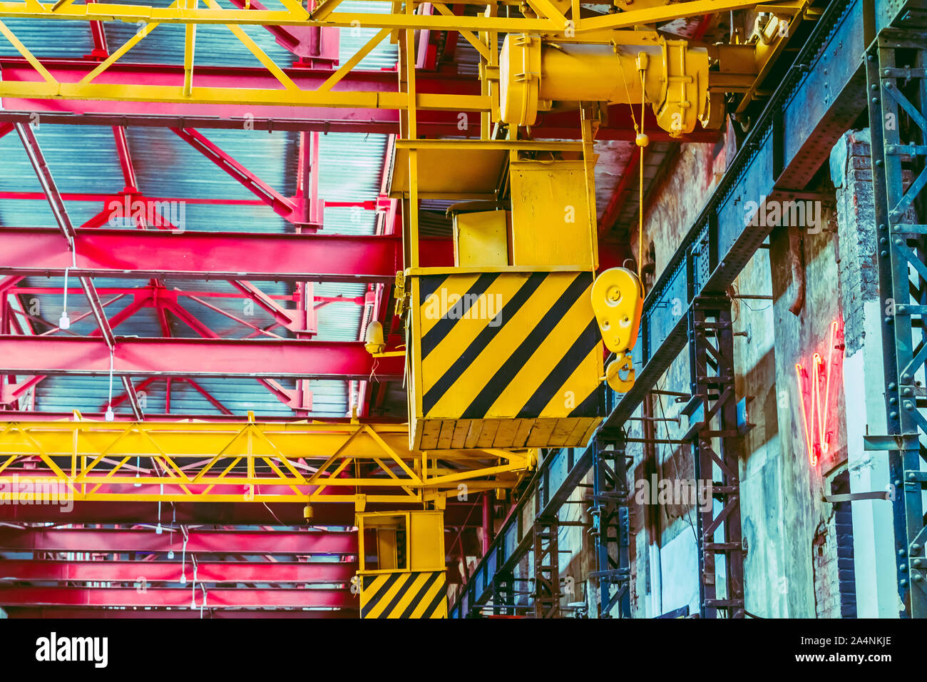 The interior of a big industrial building or factory with steel ...