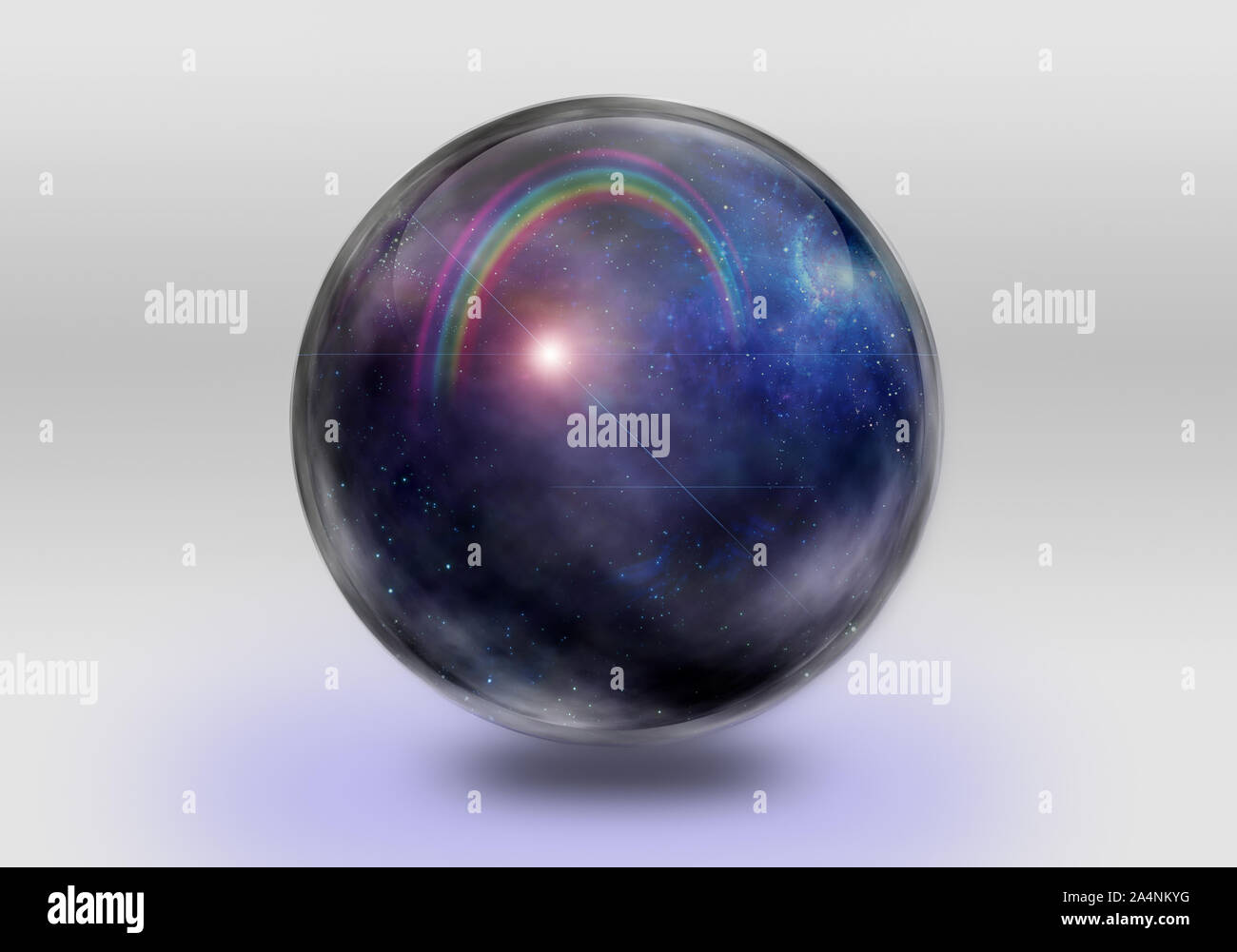 Captured space and rainbow inside of glass sphere Stock Photo - Alamy
