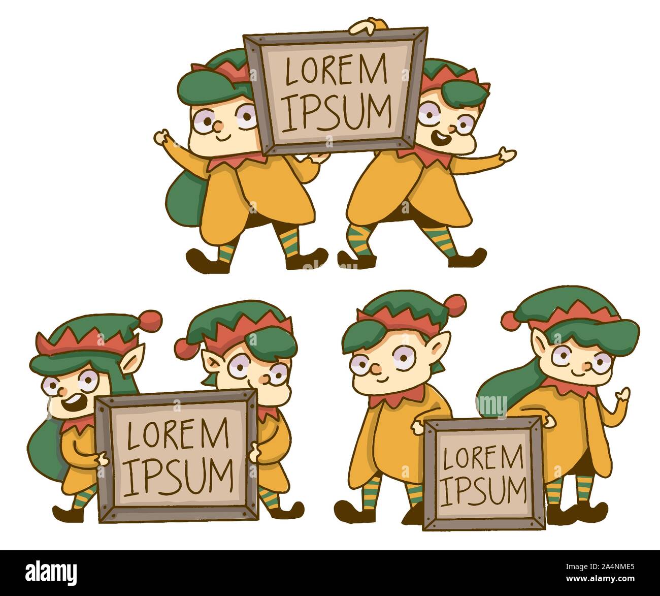 Christmas boy and girl elf holding wooden text signs Stock Vector Image ...