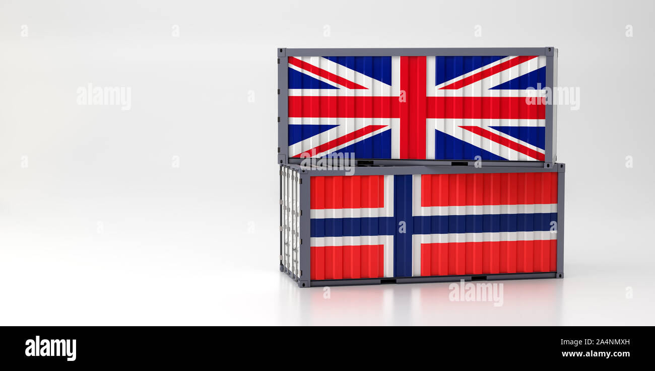 Two freight container with Great Britain and Norway flag. 3D Rendering ...