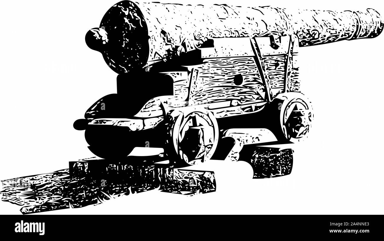 Artfully and ornate image of a medieval cannon in black and white ...