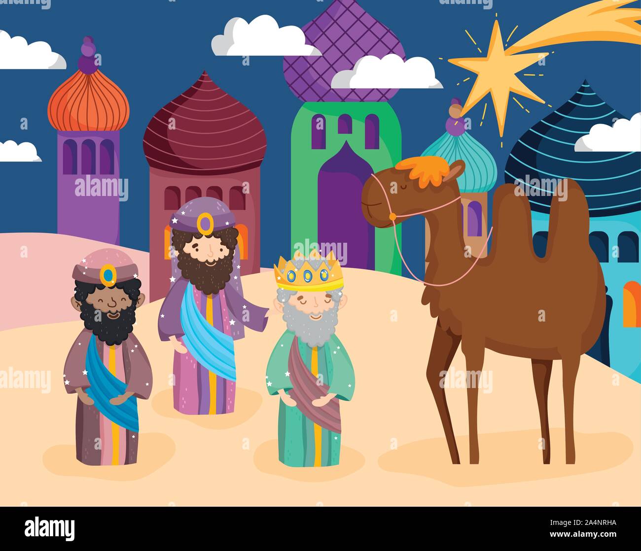 wise men camel star town desert nativity vector illustration Stock ...