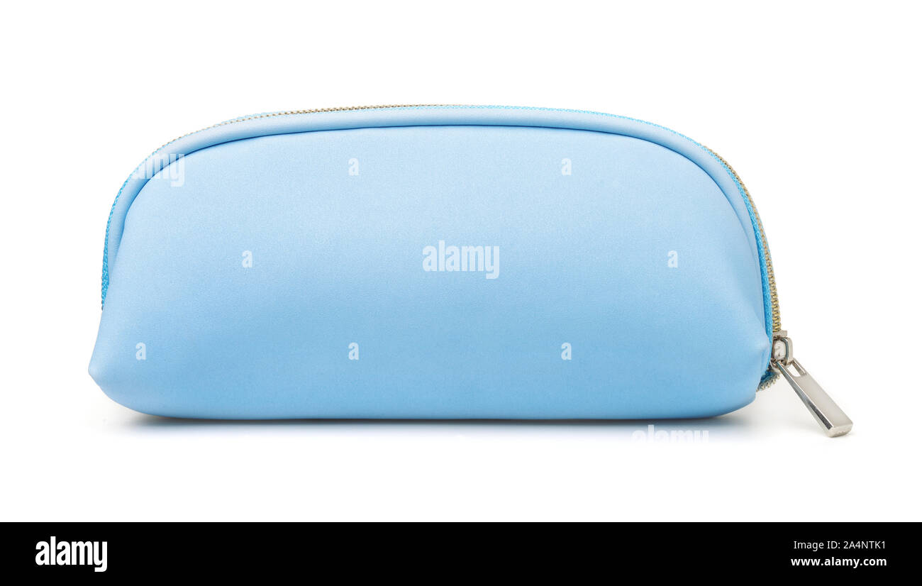 Front view of blue cosmetic bag isolated on white Stock Photo - Alamy