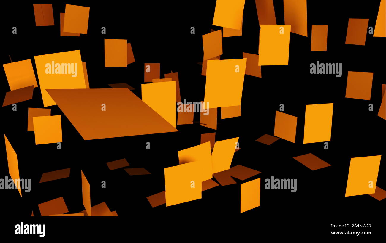 Composition of many square plates randomly hanging on a black, computer ...