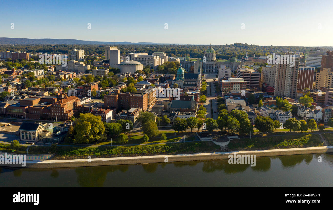 Morning light hits the buildings and downtown city center area in ...