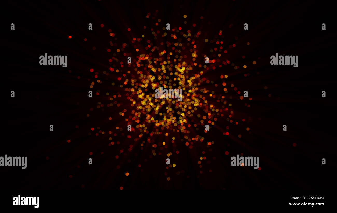 3D rendering golden particles shimmer and create bokeh on a black background. Computer generated ...
