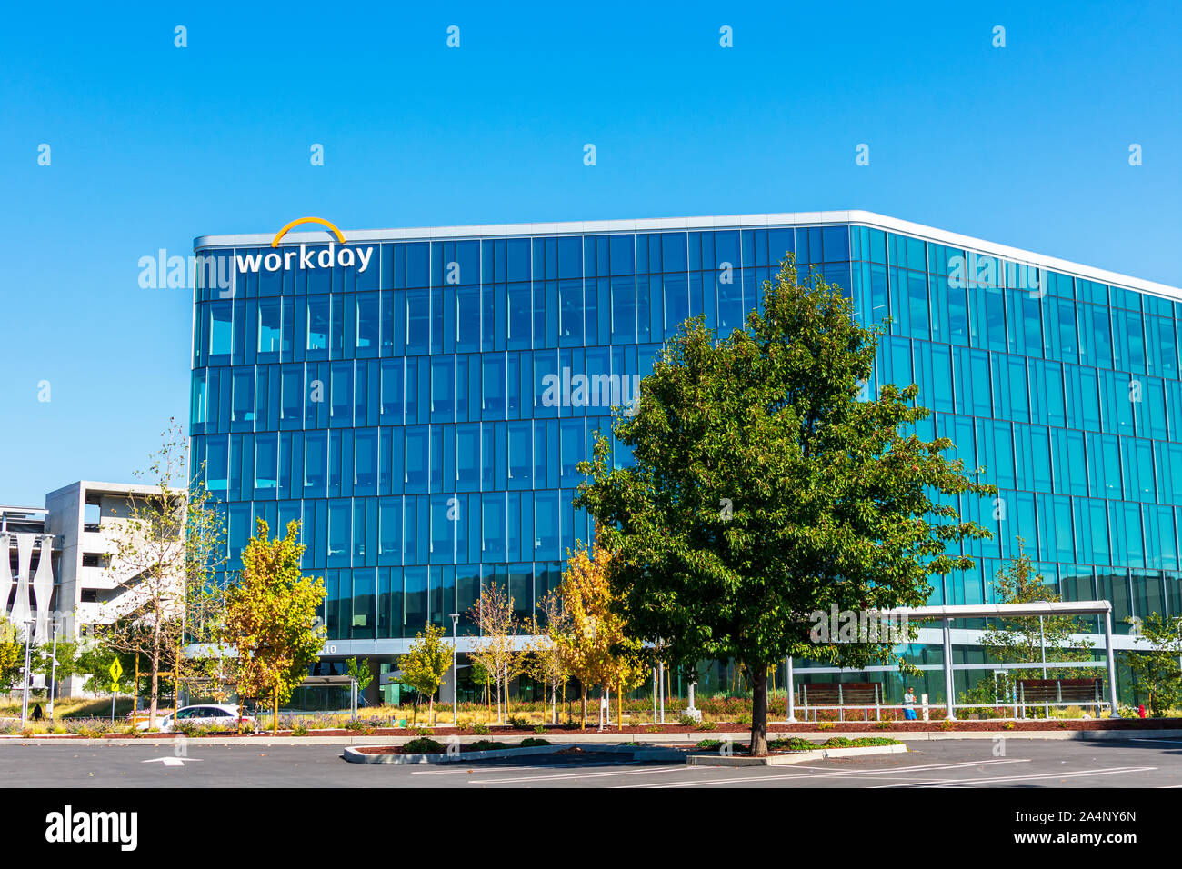 Workday sign and logo at headquarters building facade in Silicon Valley ...