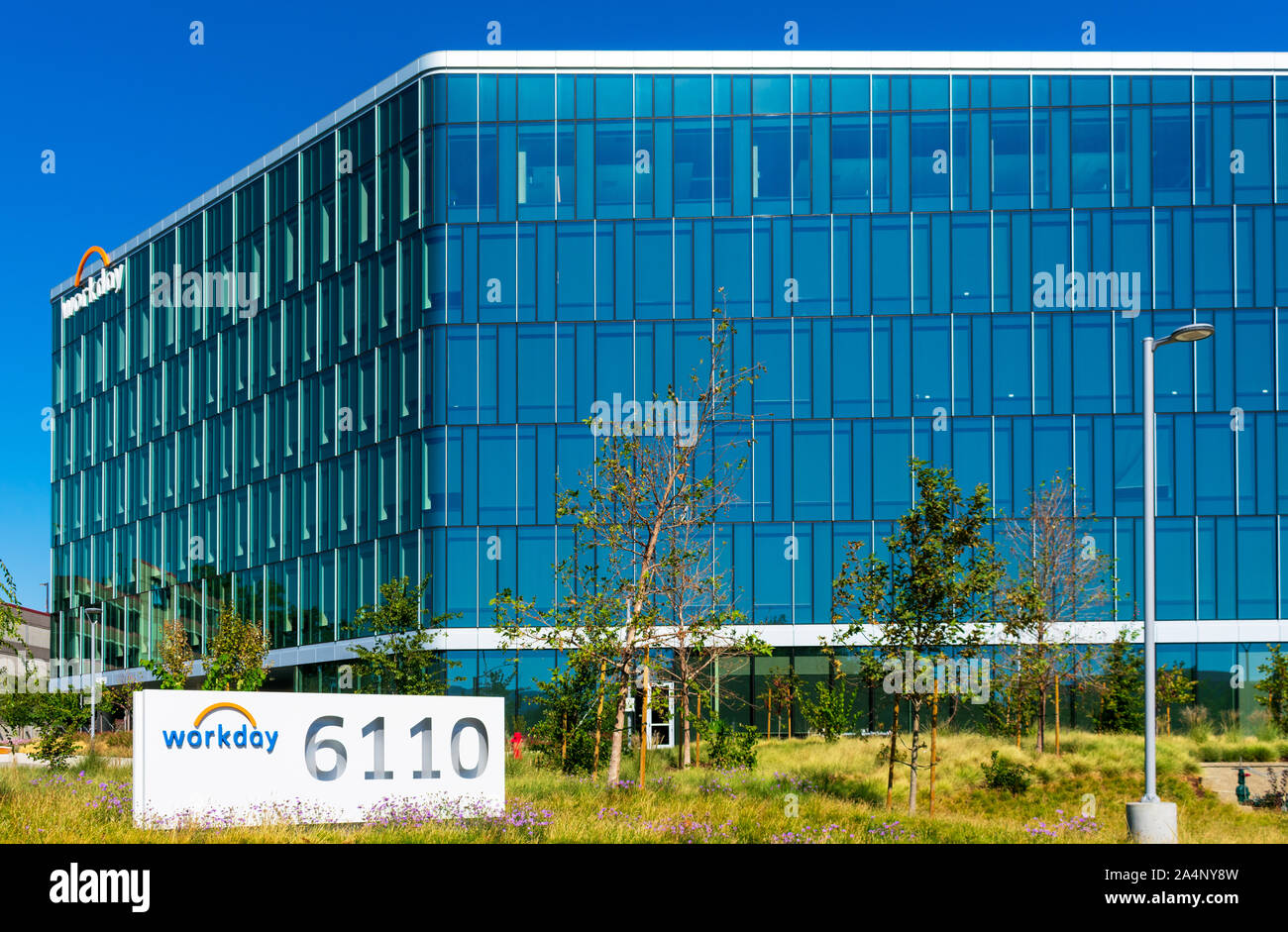 Workday sign and logo at headquarters building facade in Silicon Valley ...