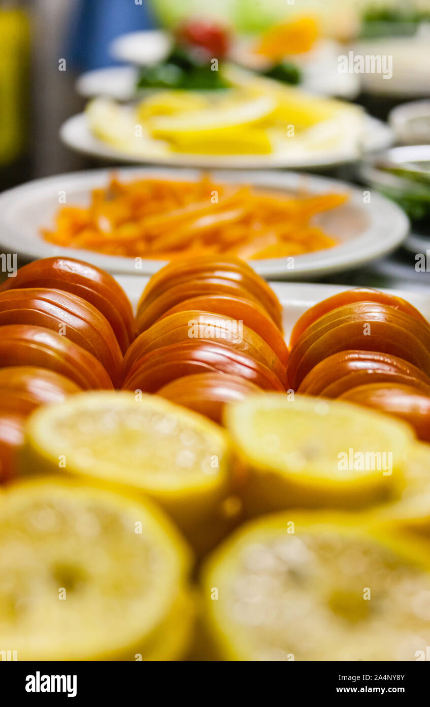 Healthy ingredients on a restaurant kitchen table, ready to go for the ...