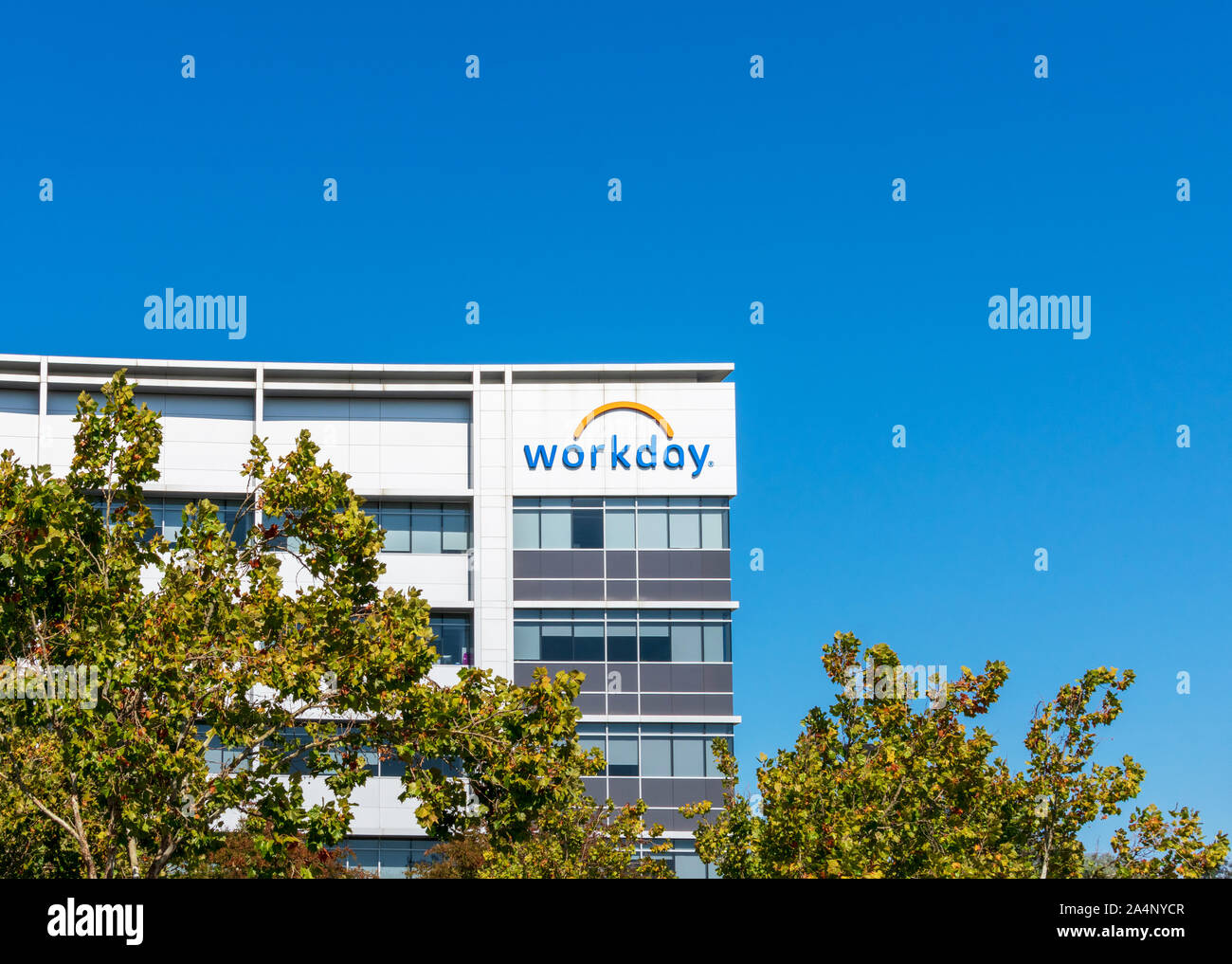 Workday sign and logo at headquarters building facade in Silicon Valley ...