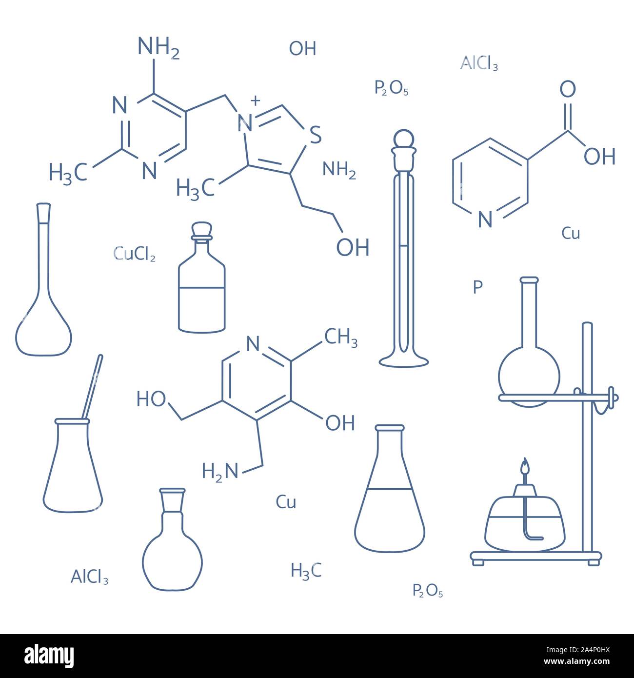 Vector illustration with glassware flasks, burner, equipment stand ...