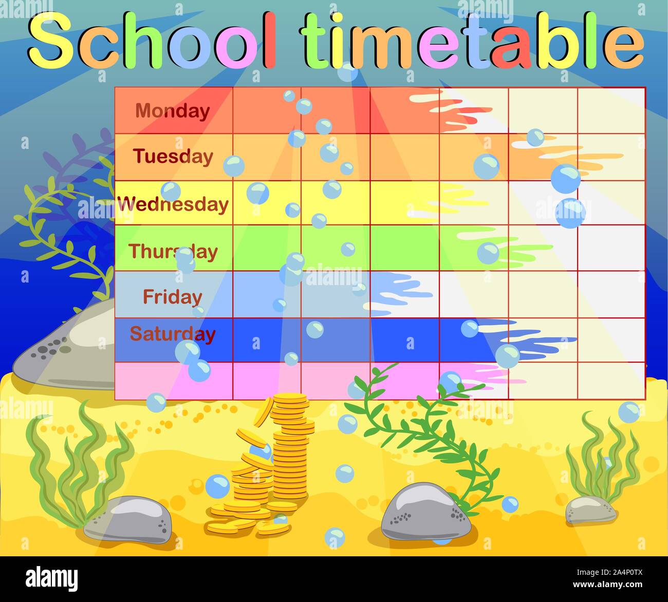 School timetable with marine themes, table, underwater world Stock ...