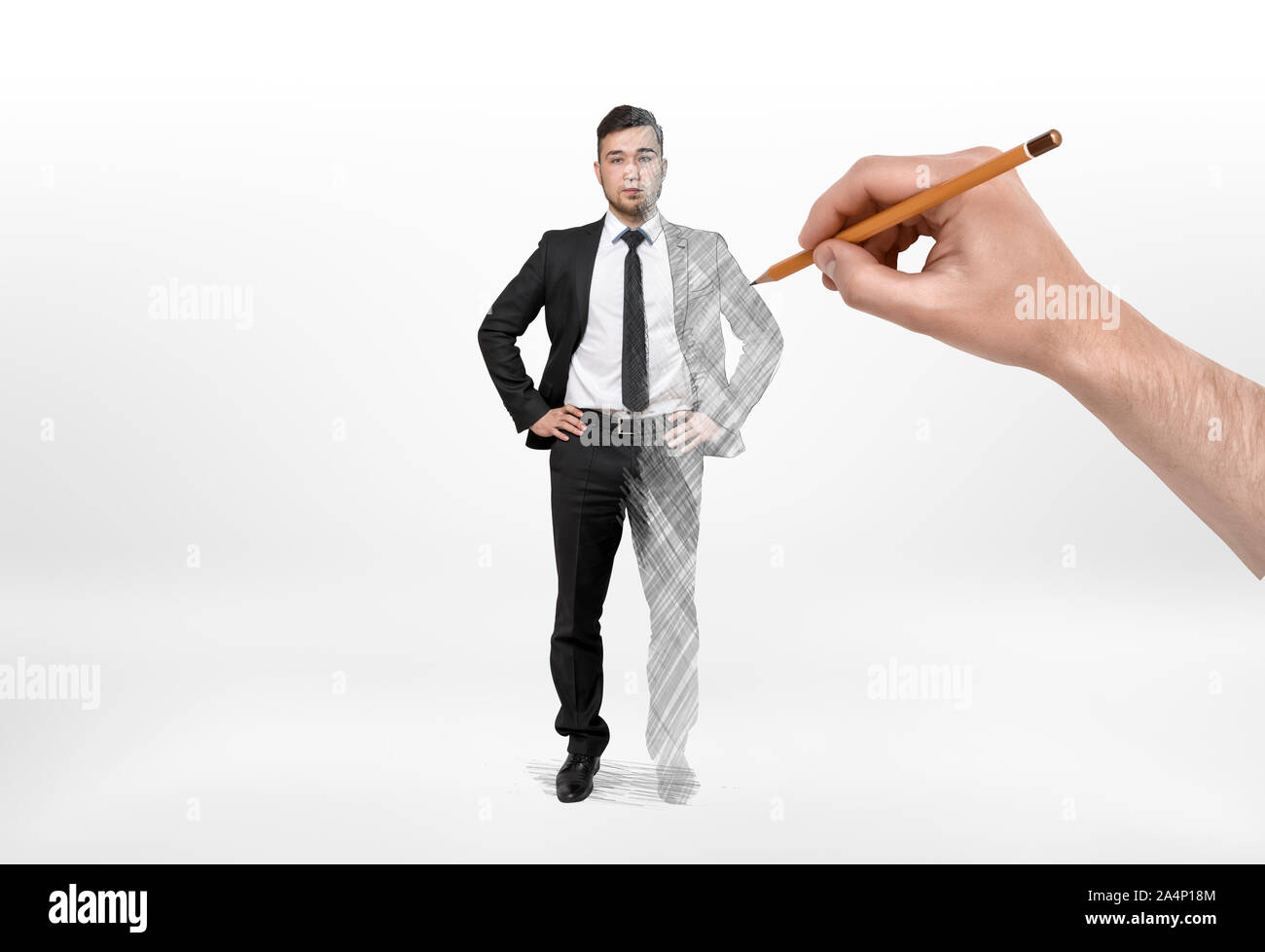 Businessman having the left half real man and the right picture that is ...