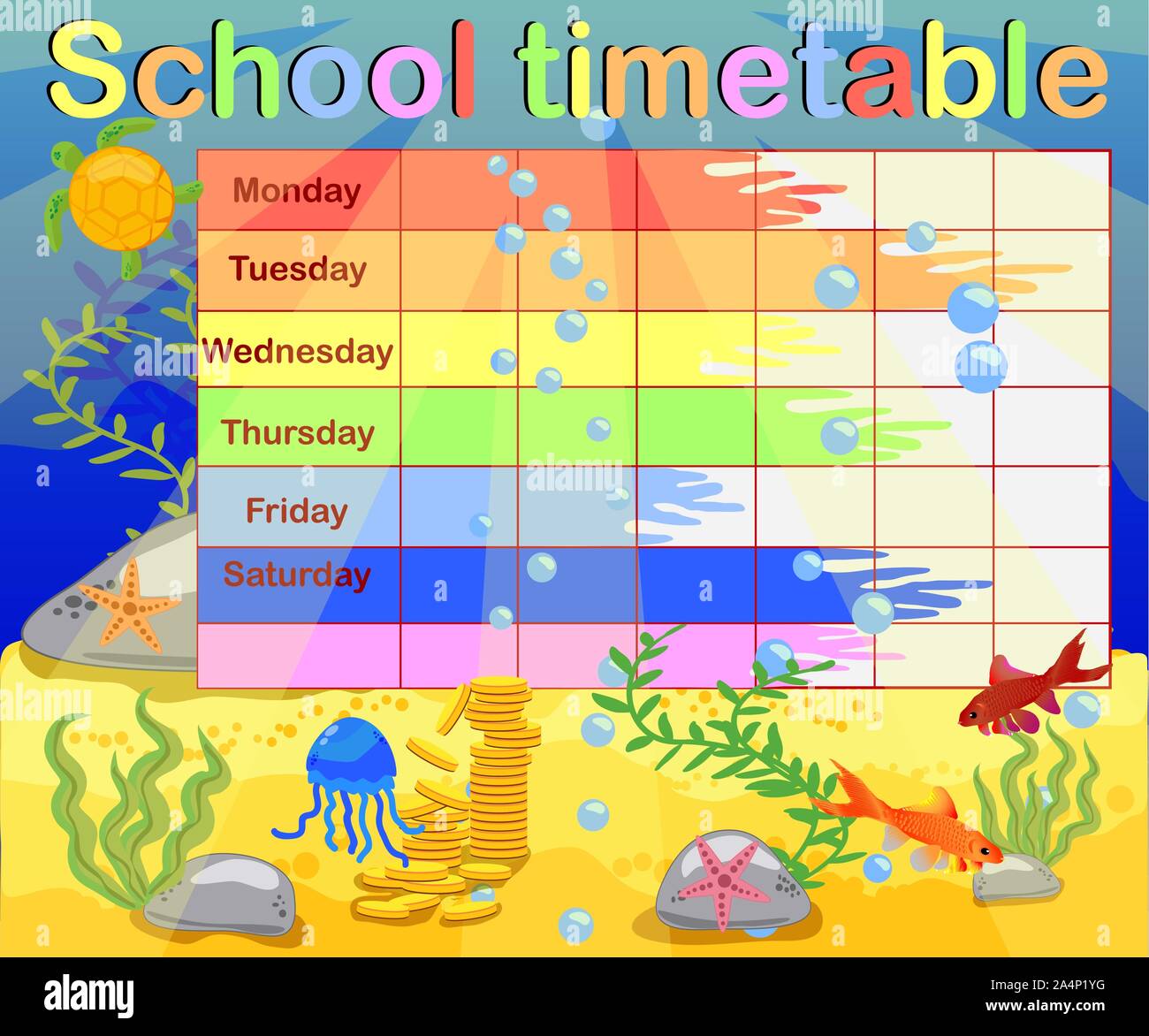 School timetable with marine themes, table, underwater world Stock ...