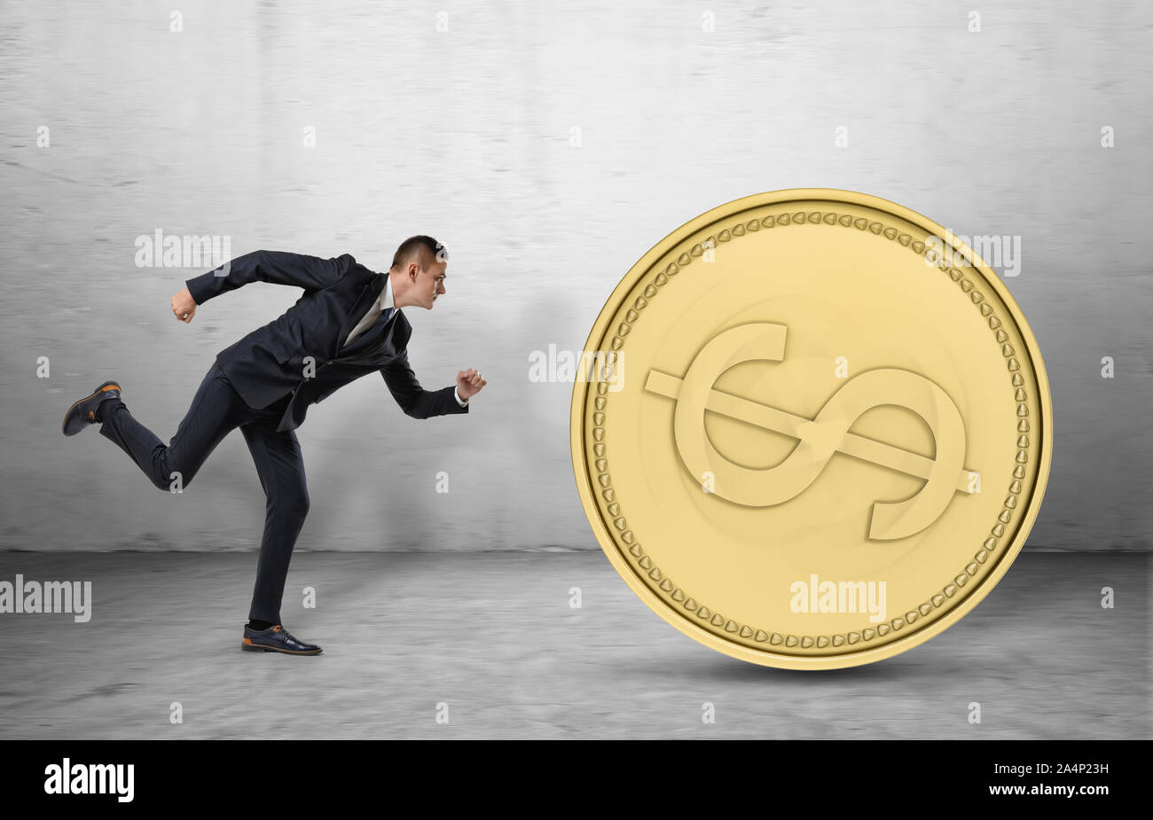 Young businessman running to catch a big golden coin Stock Photo - Alamy