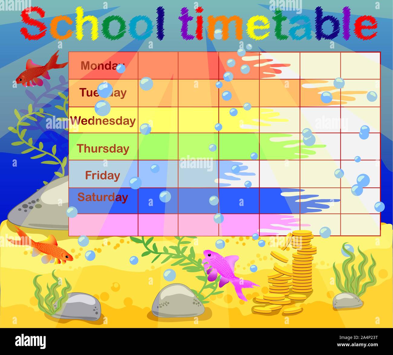 School timetable with marine themes, table, underwater world Stock ...