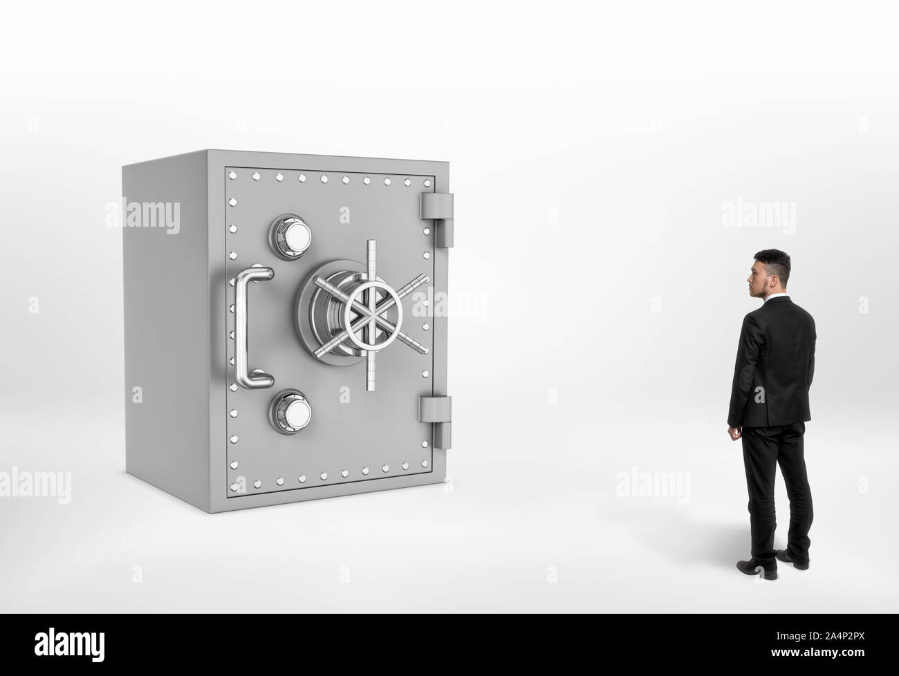 Full length illustration of businessman looking at the huge steel safe ...