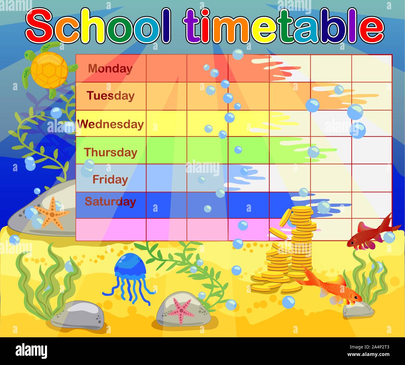 School timetable with marine themes, table, underwater world Stock ...