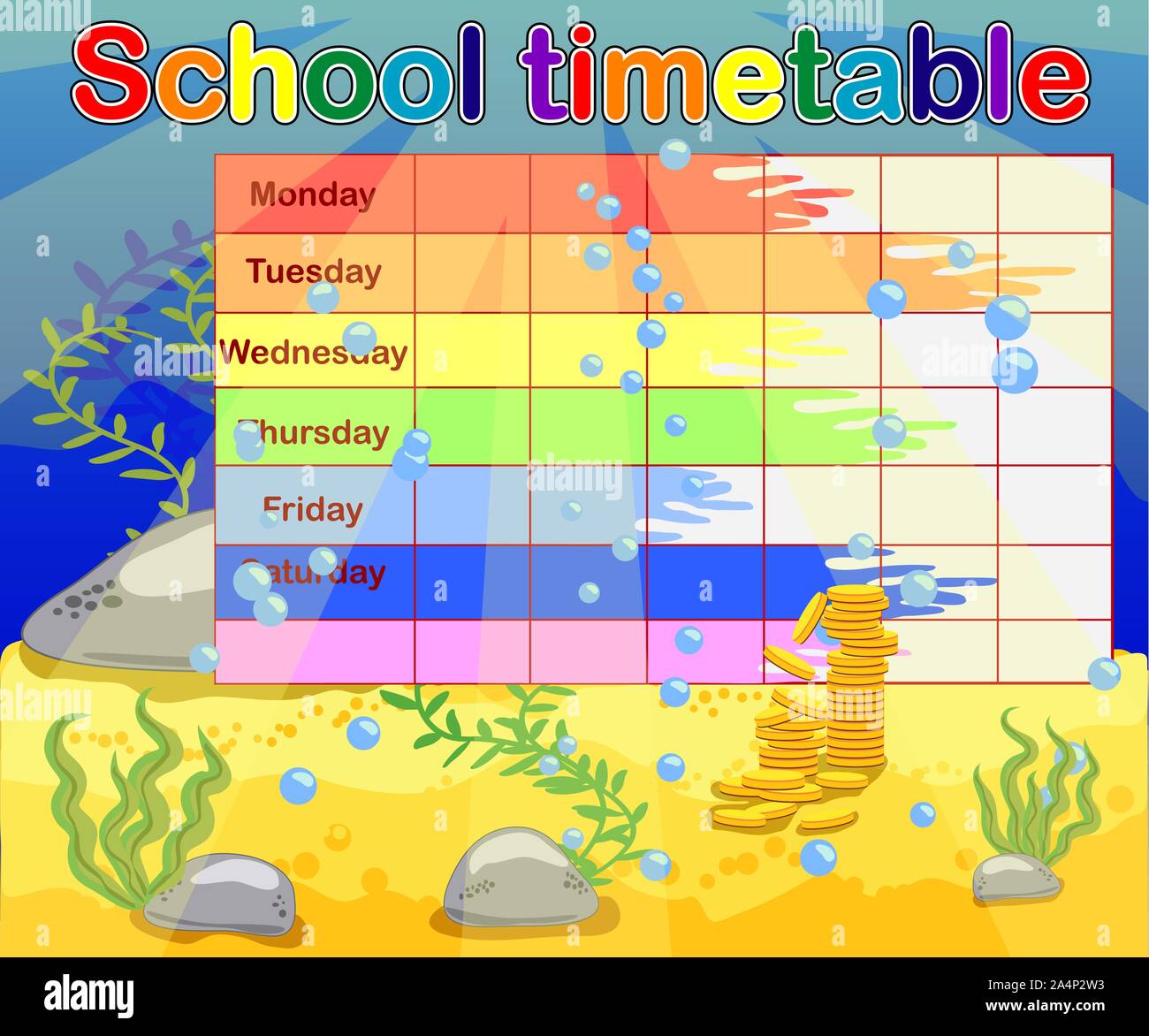 School timetable with marine themes, table, underwater world Stock ...