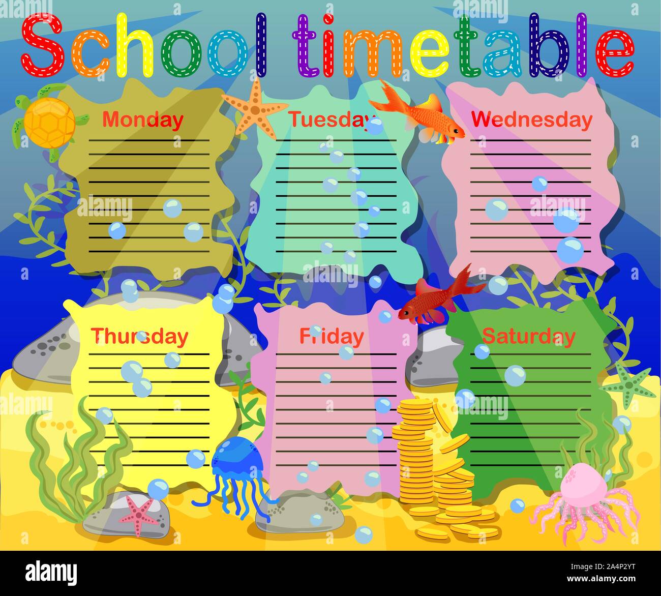 School timetable with marine themes, table, underwater world Stock ...