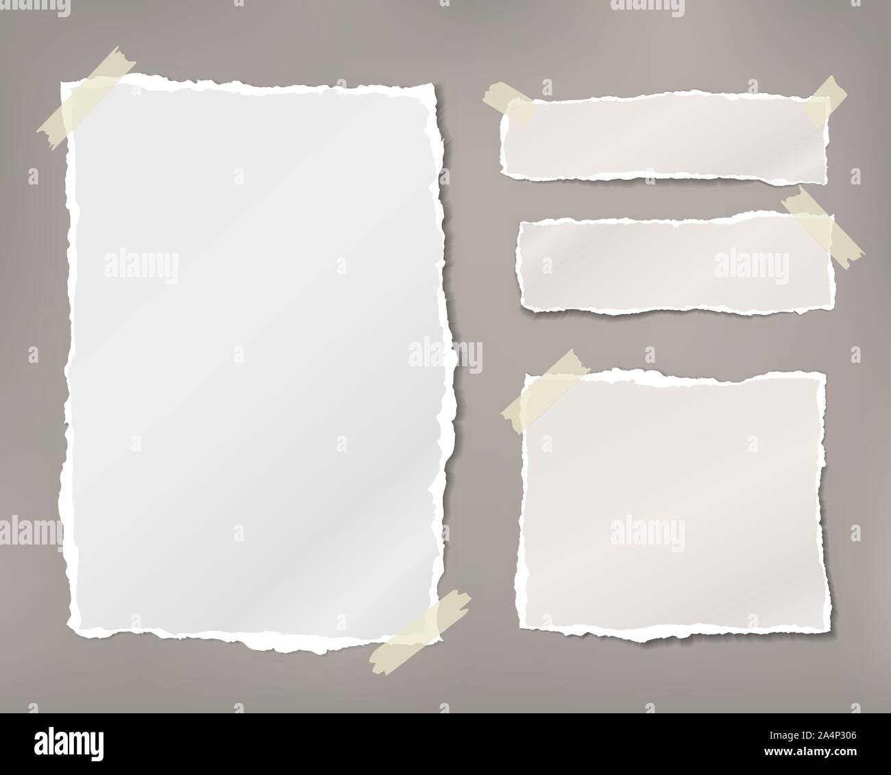 Torn white note, notebook paper pieces stuck with sticky tape on brown ...