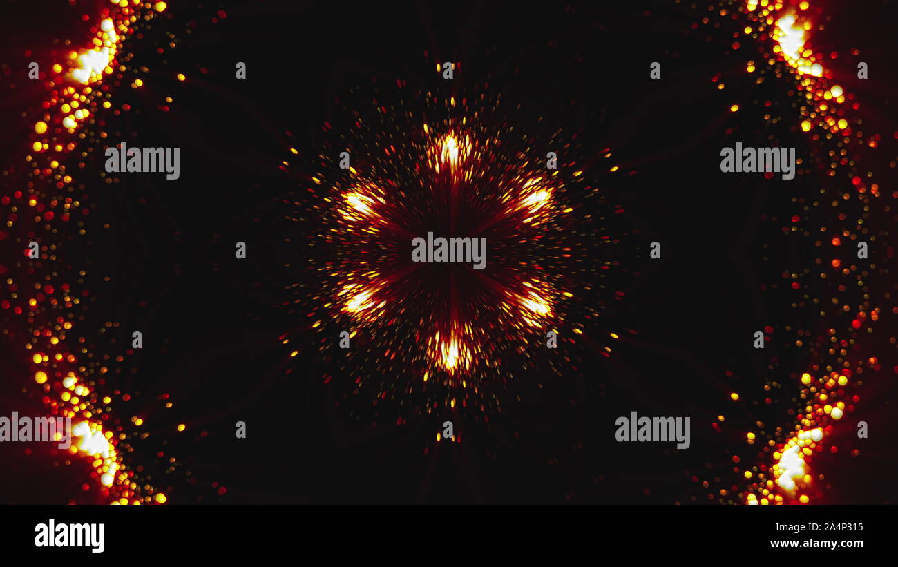 3D rendering radiation from the center of golden particles on a black ...