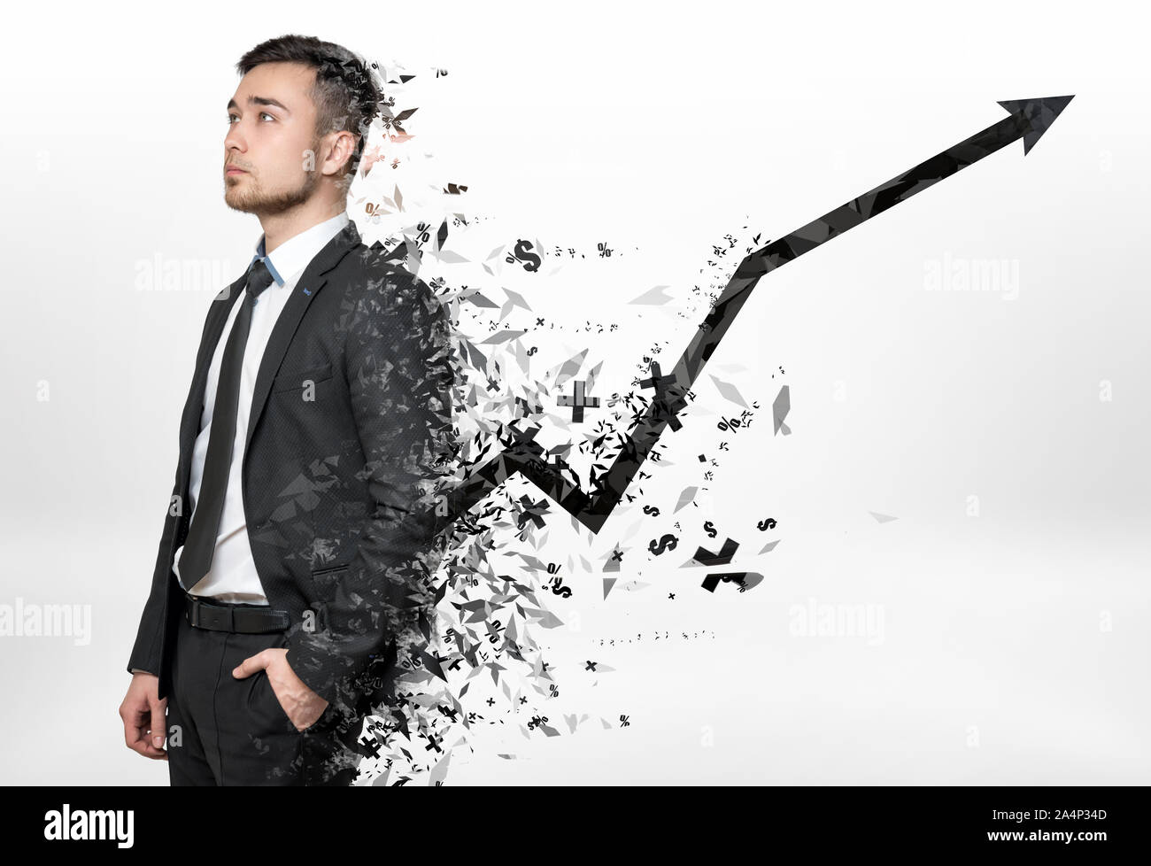 Pensive businessman looking into the distance and the black arrow ...