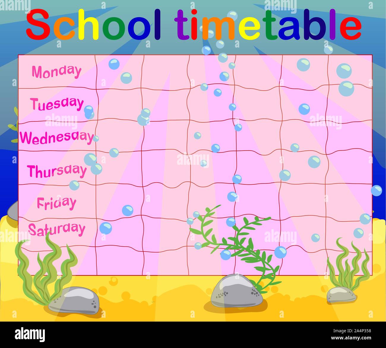 School timetable with marine themes, table, underwater world Stock ...