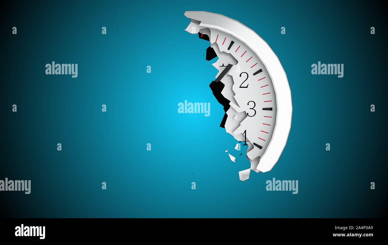 The round dial of a wall clock destructs into small fragments on a ...