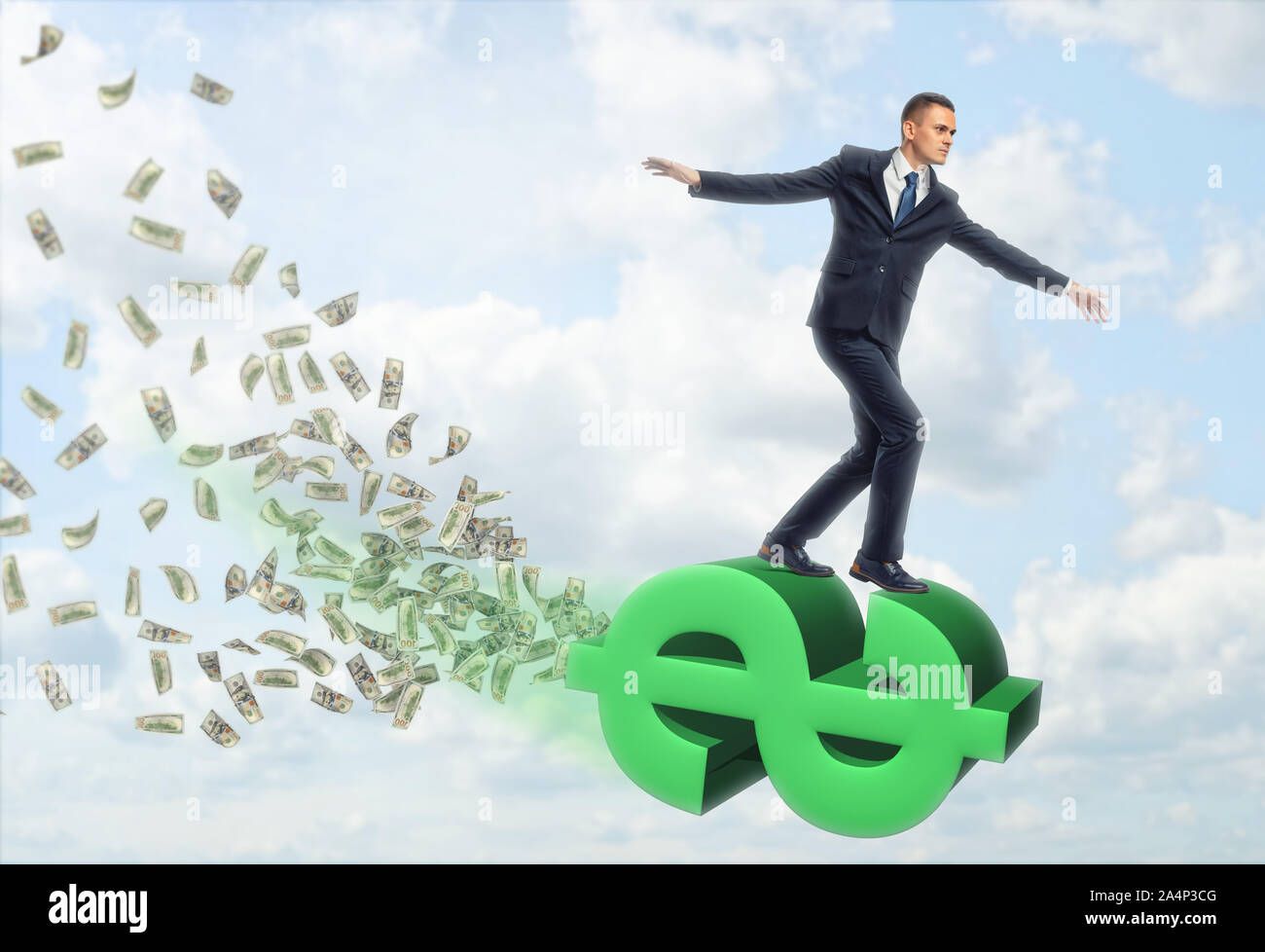 Businessman flying on large dollar sign Stock Photo - Alamy