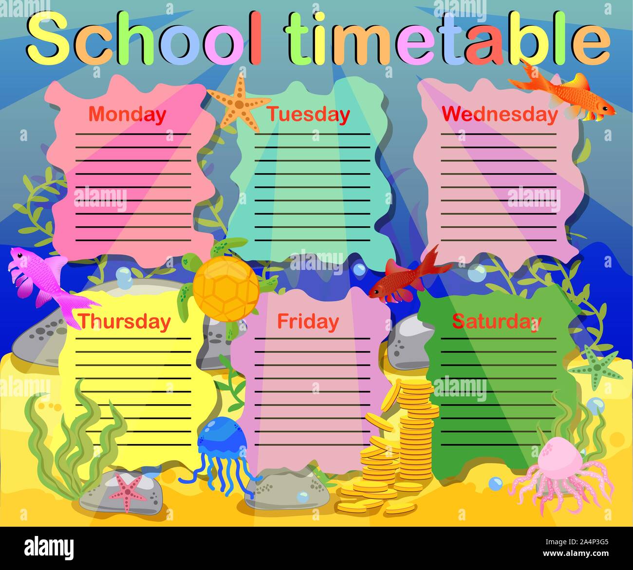 School timetable with marine themes, table, underwater world Stock ...