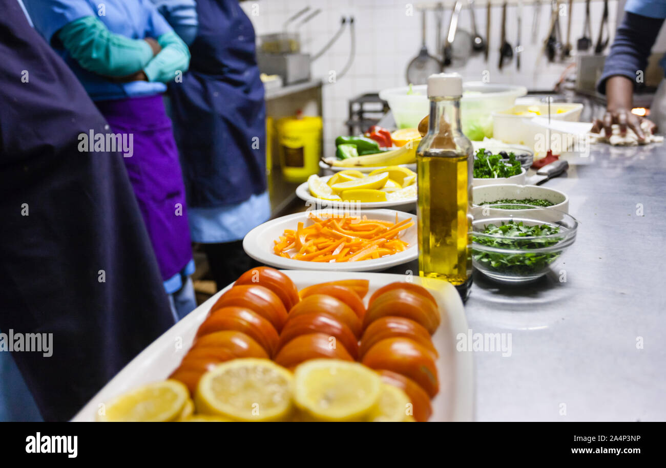 Healthy ingredients on a restaurant kitchen table, ready to go for the ...